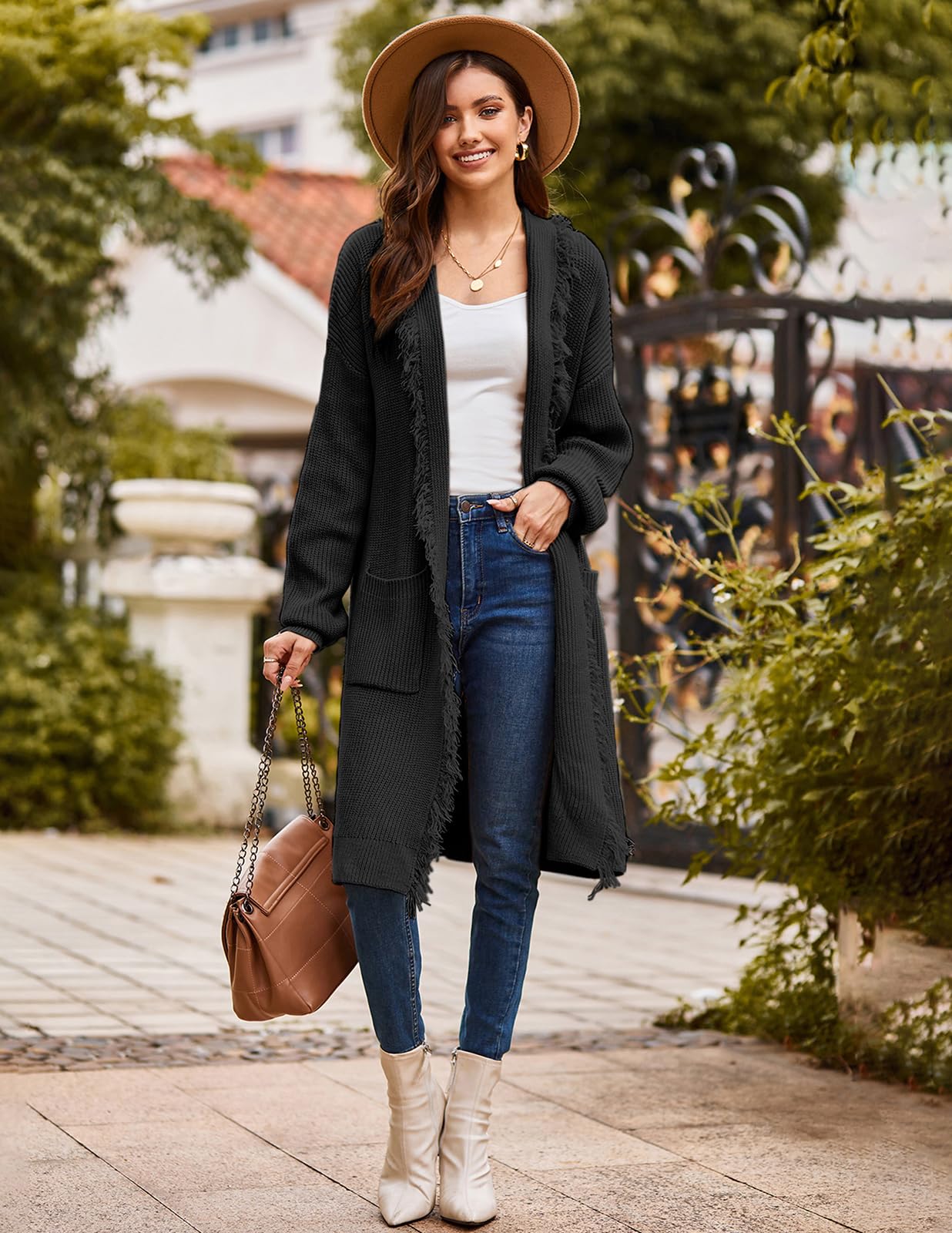Women's Open Front Knit Cardigans Lapel Long Lantern Sleeve Chunky Knit Sweater Coat Cozy Slouchy Cardigan with Pockets(Black,XL)