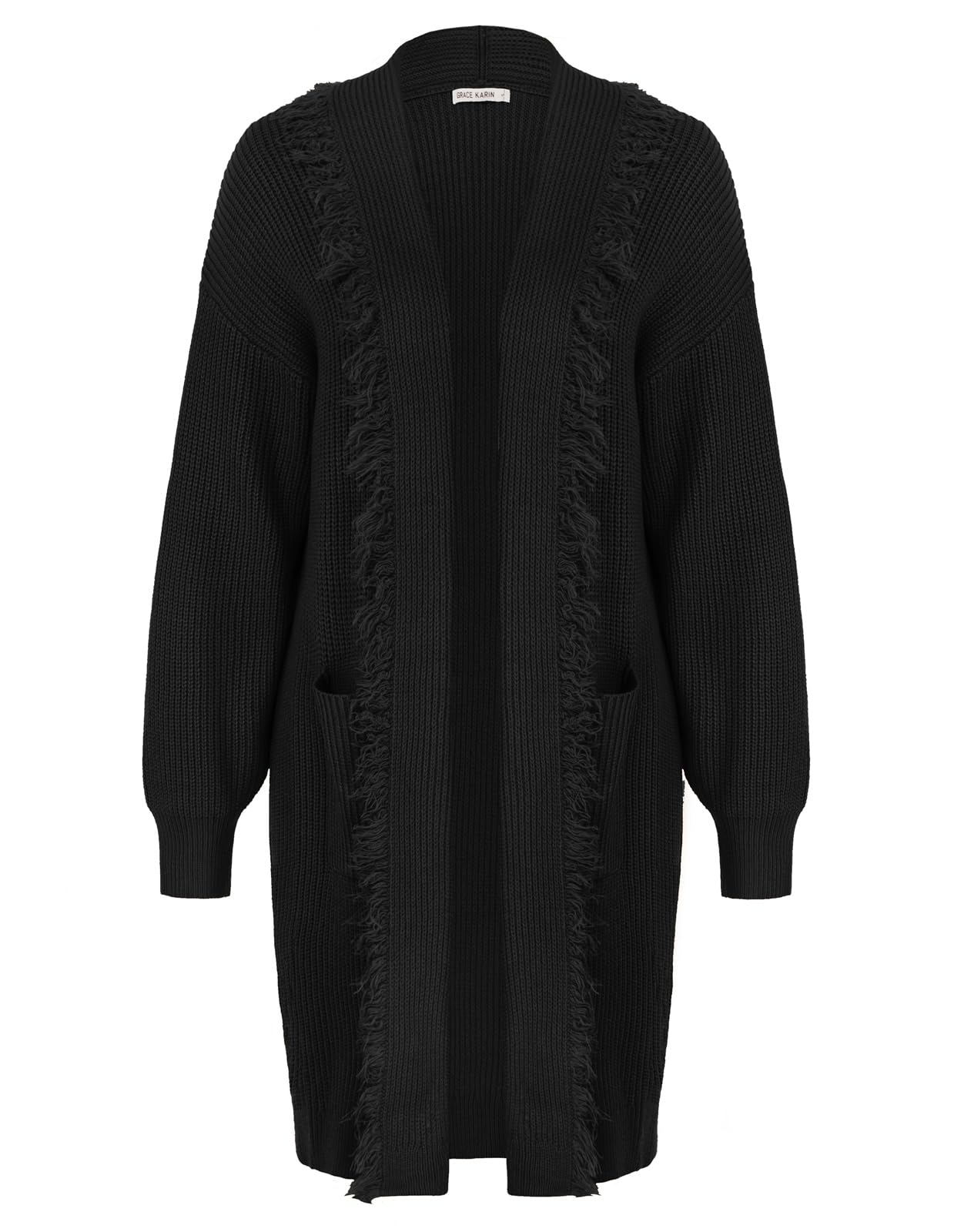 Women's Open Front Knit Cardigans Lapel Long Lantern Sleeve Chunky Knit Sweater Coat Cozy Slouchy Cardigan with Pockets(Black,XL)