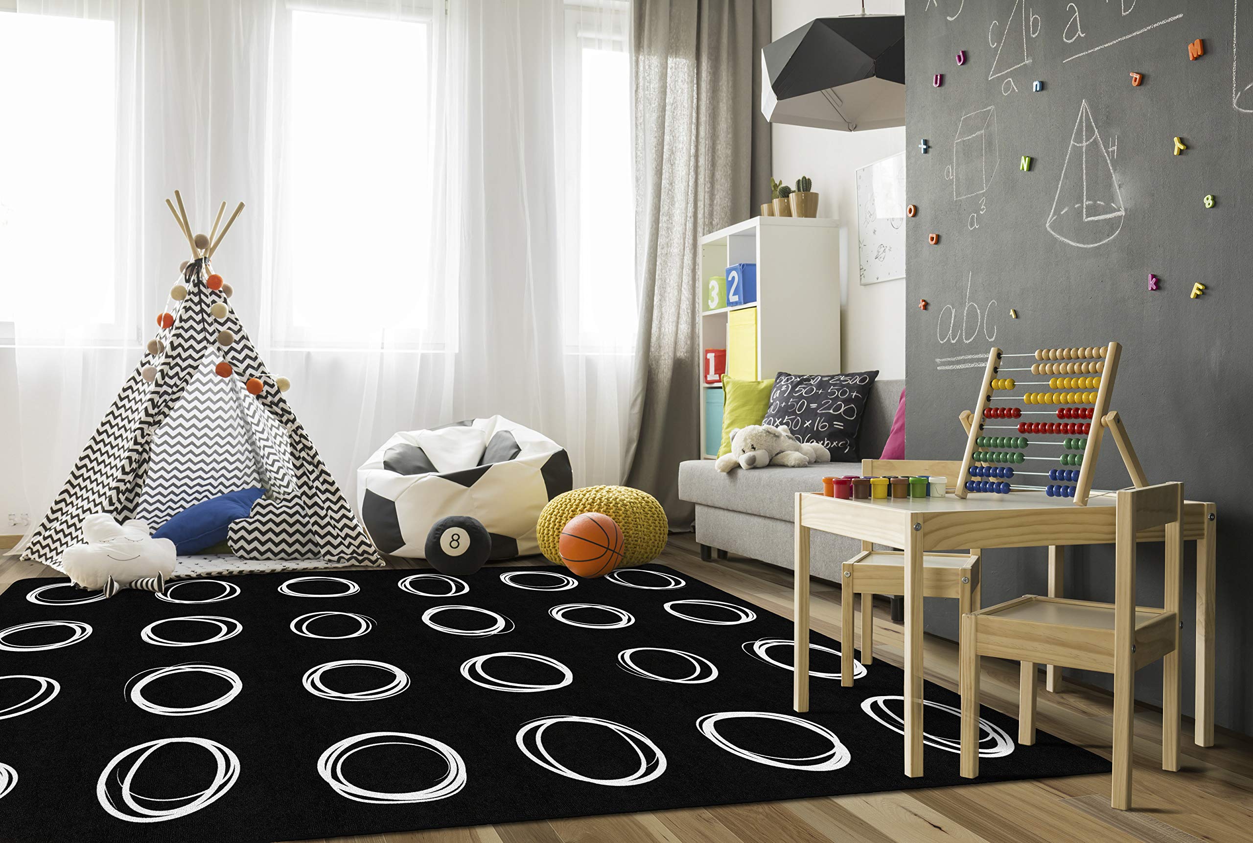 Flagship Carpets Circle Sampler Abstract Educational Area Rug, 7'6" x 12', Black & X-ACTO Pencil Sharpener, School Pro Electric Pencil Sharpener, with Six Size Dial, XL Shavings Bin, Black, 1 Count