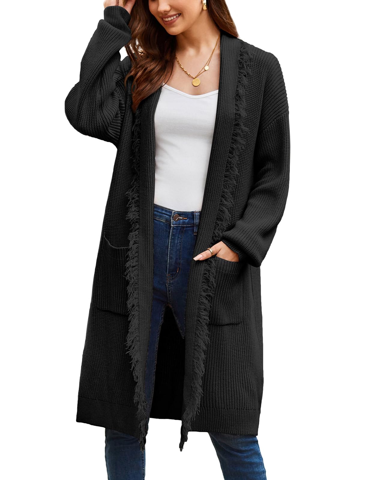 Women's Open Front Knit Cardigans Lapel Long Lantern Sleeve Chunky Knit Sweater Coat Cozy Slouchy Cardigan with Pockets(Black,XL)