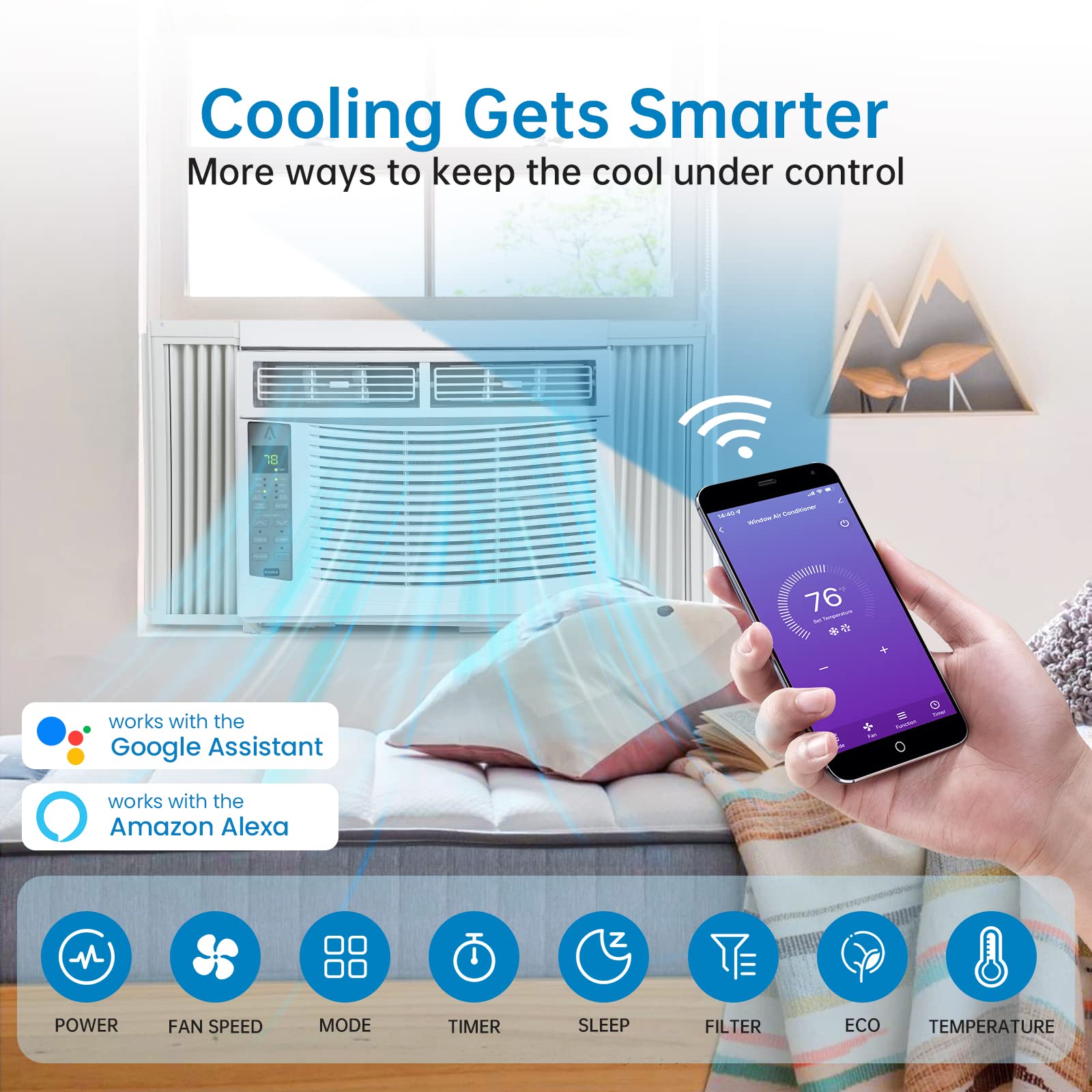 Acekool 8000 BTU Smart Window Air Conditioner & 6000 BTU Smart Air Conditioner Window Unit, 110-115V Window AC Unit with Remote/App Control and Dehumidify Function, Cools 250 Sq.ft