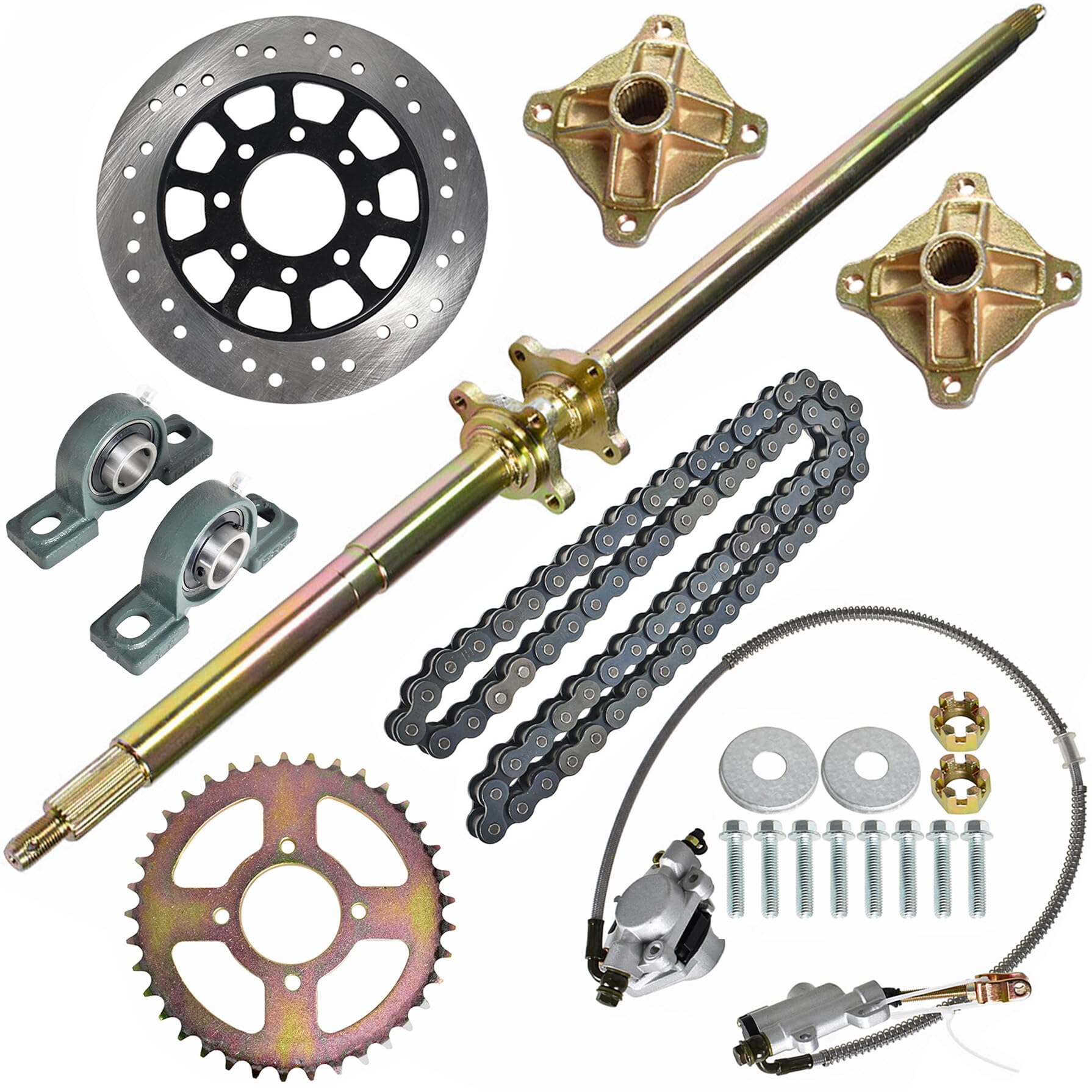 GXYWADY 44in/1120mm Go Kart Rear Axle Shaft Kit with Chain Sprocket Brake Disc Pillow Block Wheel Hub Chain Brake Master Cylinder Caliper Replacement for DIY Rebuild Go Kart ATV Quad Trikes Golf Carts