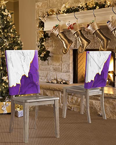 MUSEDAY Christmas Chair Covers Dining Chair Back Covers 6PCS, Marble Kitchen Chair Slipcovers Protective Covers for Xmas Wedding Hotel Holiday Party, Purple and Gray Modern Art Texture