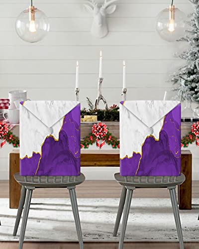MUSEDAY Christmas Chair Covers Dining Chair Back Covers 6PCS, Marble Kitchen Chair Slipcovers Protective Covers for Xmas Wedding Hotel Holiday Party, Purple and Gray Modern Art Texture