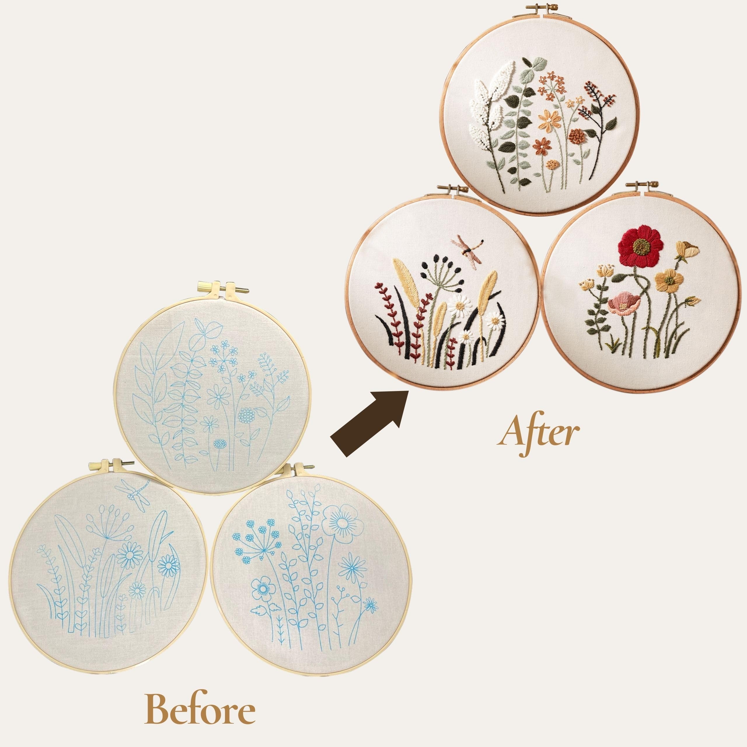 Embroidery Starter Kit Beginners- 3 Pack Cross Stitch Kits with Cute Flowers and Plants Patterns with Embroidery Hoop and Color Threads for Adults Kids