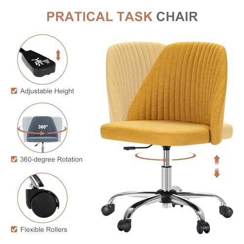 DUMOS Office Desk Chair, Modern Cute Rolling Vanity Swivel Task Chairs with Wheels, Comfortable Back Seat Armless for Home, Bedrooms, Office, Study, Student, Adults, Make-up, Dressing Room, Yellow