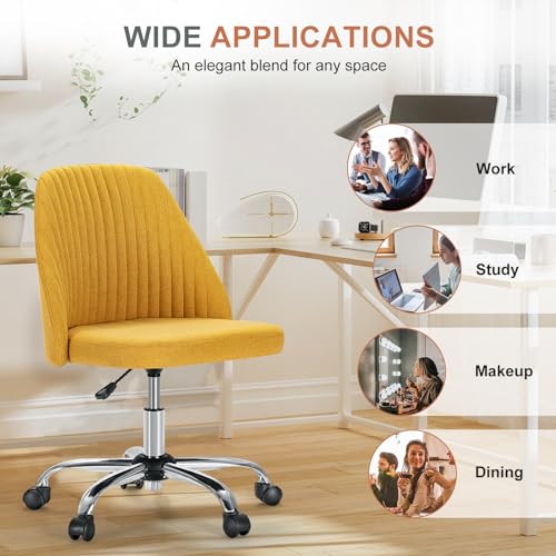 DUMOS Office Desk Chair, Modern Cute Rolling Vanity Swivel Task Chairs with Wheels, Comfortable Back Seat Armless for Home, Bedrooms, Office, Study, Student, Adults, Make-up, Dressing Room, Yellow