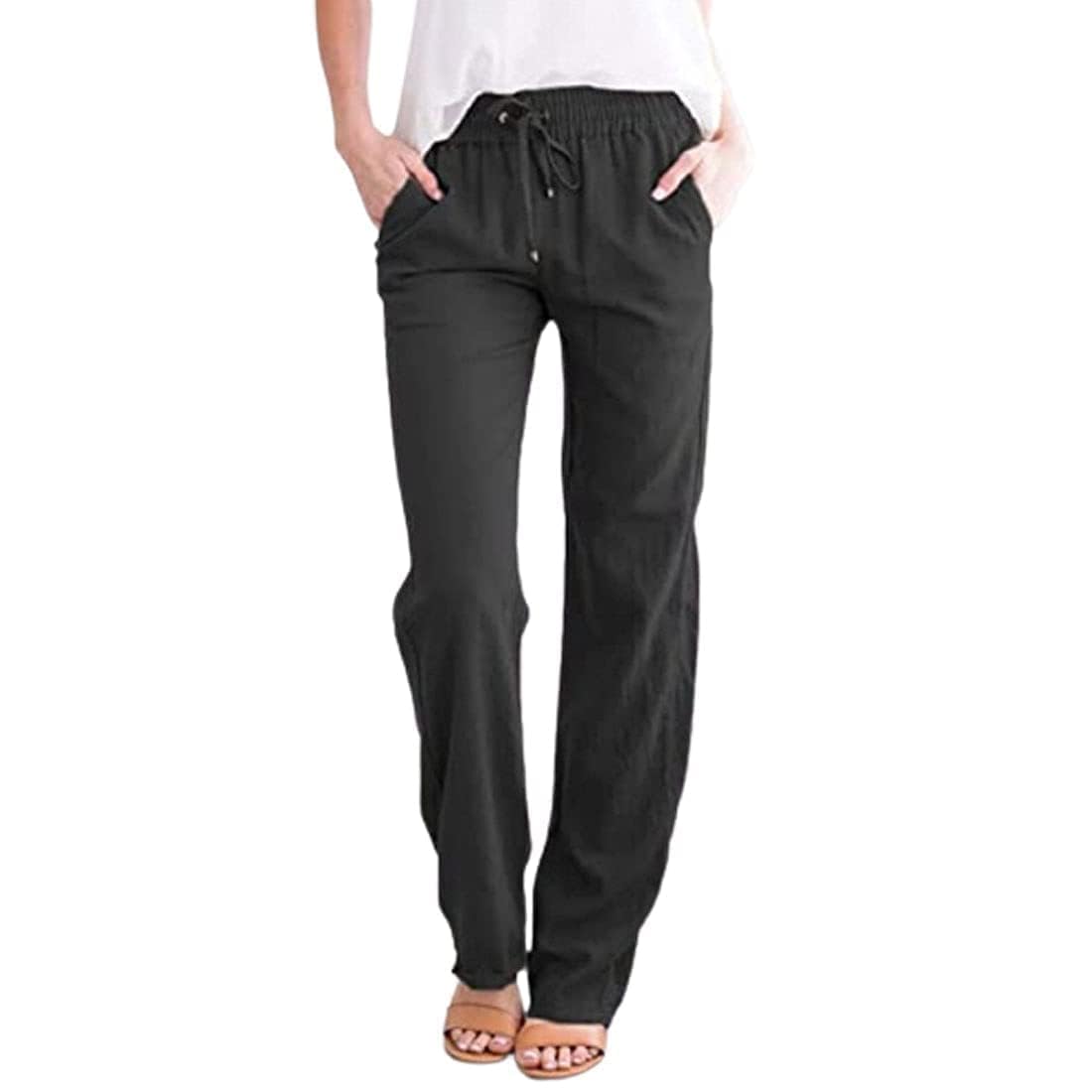 Costaric Women's Fashion Casual Elastic High Waisted Wide Leg Loose Work Long Palazzo Pants Trousers with Pockets XL Black