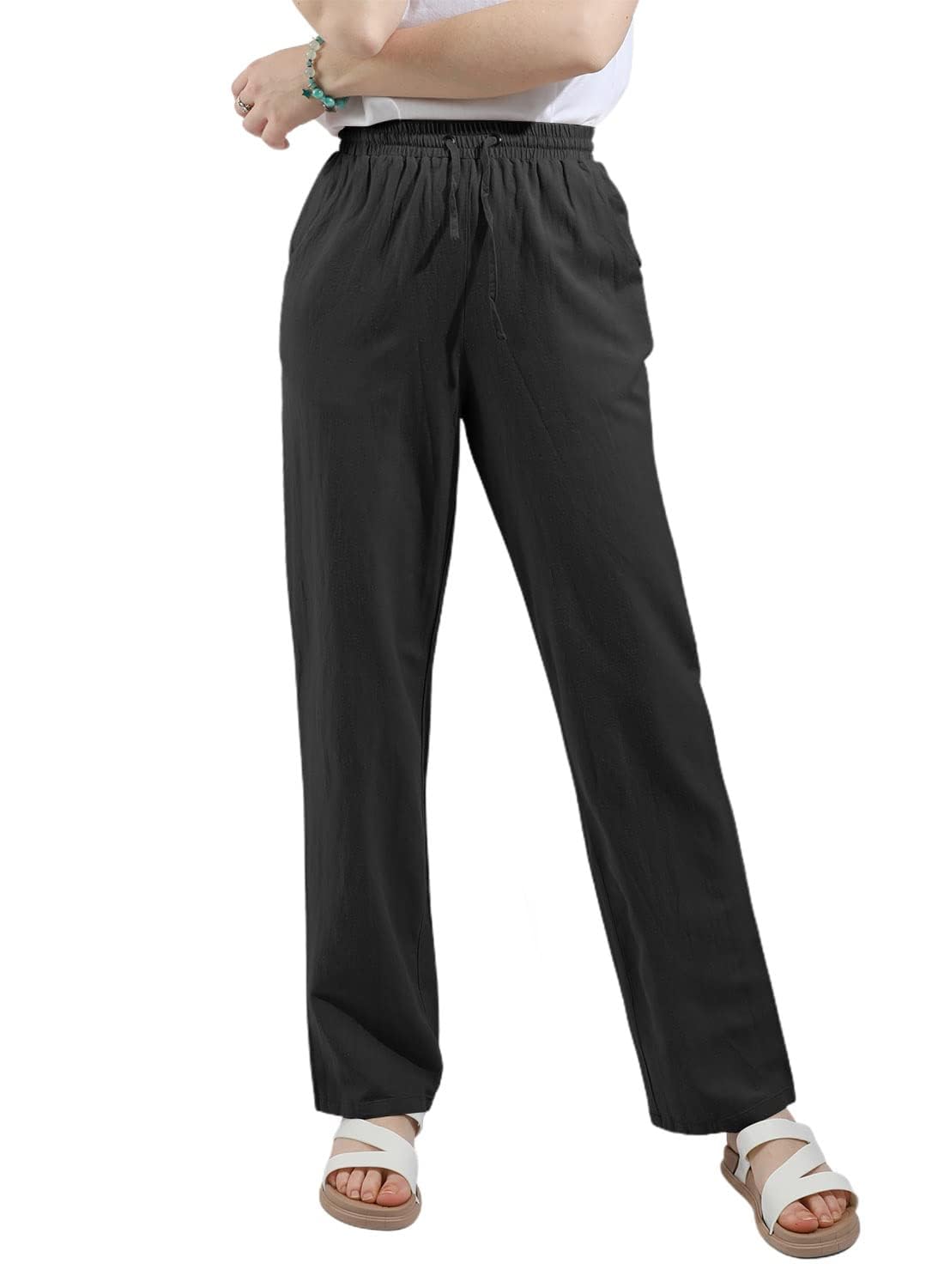 Costaric Women's Fashion Casual Elastic High Waisted Wide Leg Loose Work Long Palazzo Pants Trousers with Pockets XL Black