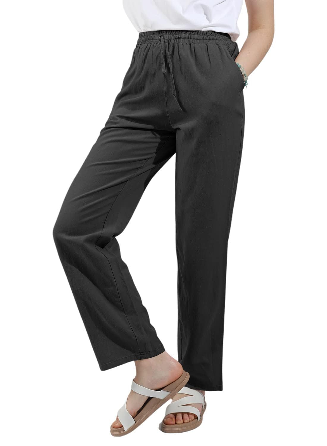 Costaric Women's Fashion Casual Elastic High Waisted Wide Leg Loose Work Long Palazzo Pants Trousers with Pockets XL Black