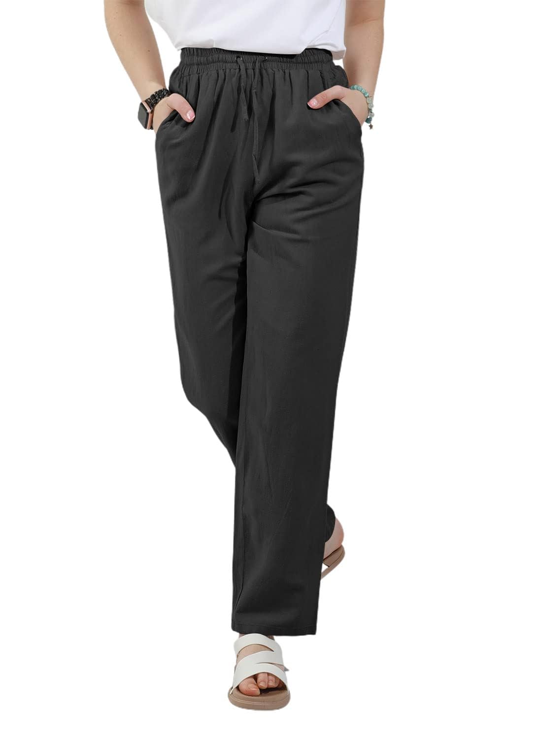 Costaric Women's Fashion Casual Elastic High Waisted Wide Leg Loose Work Long Palazzo Pants Trousers with Pockets XL Black
