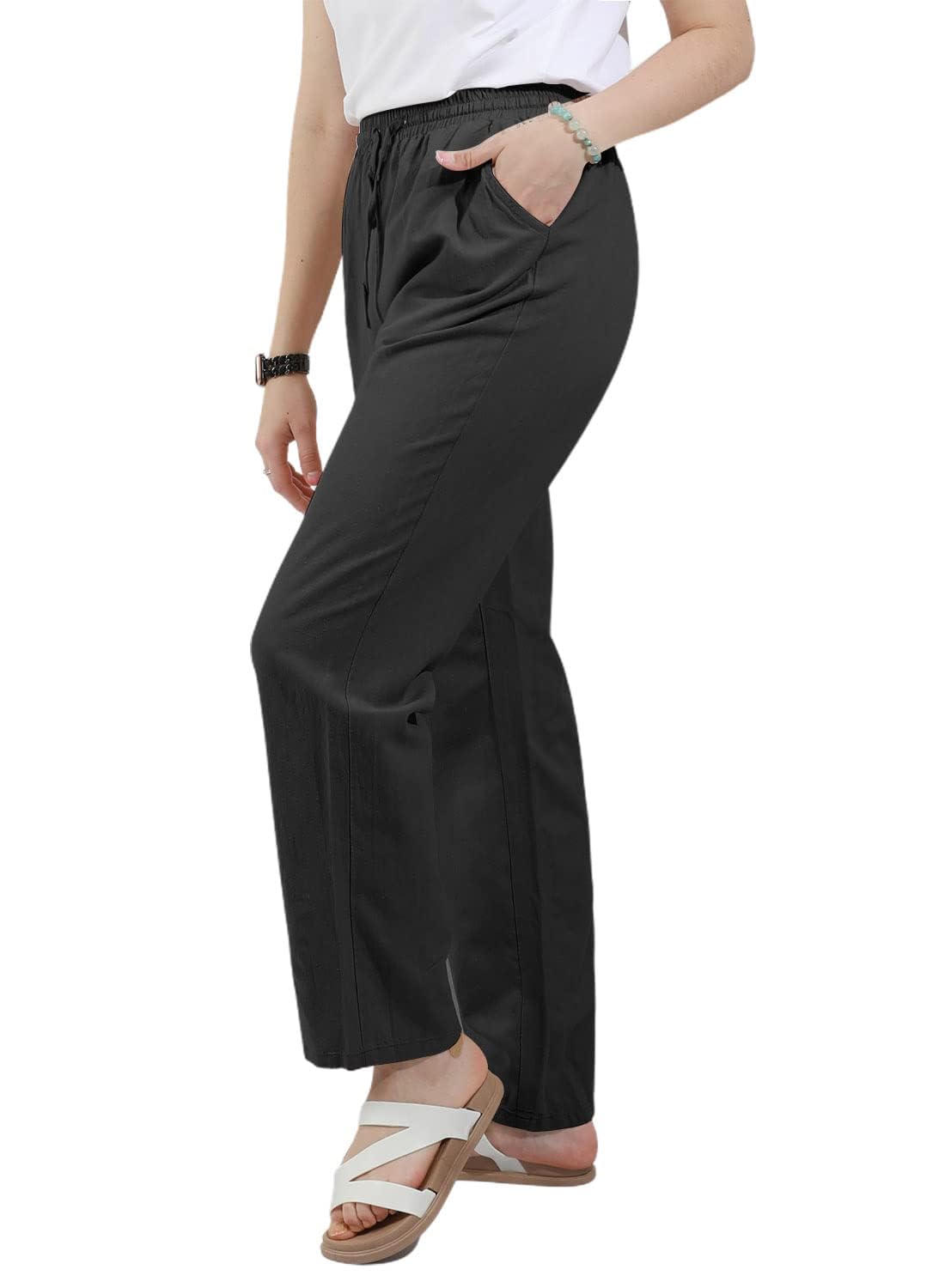 Costaric Women's Fashion Casual Elastic High Waisted Wide Leg Loose Work Long Palazzo Pants Trousers with Pockets XL Black