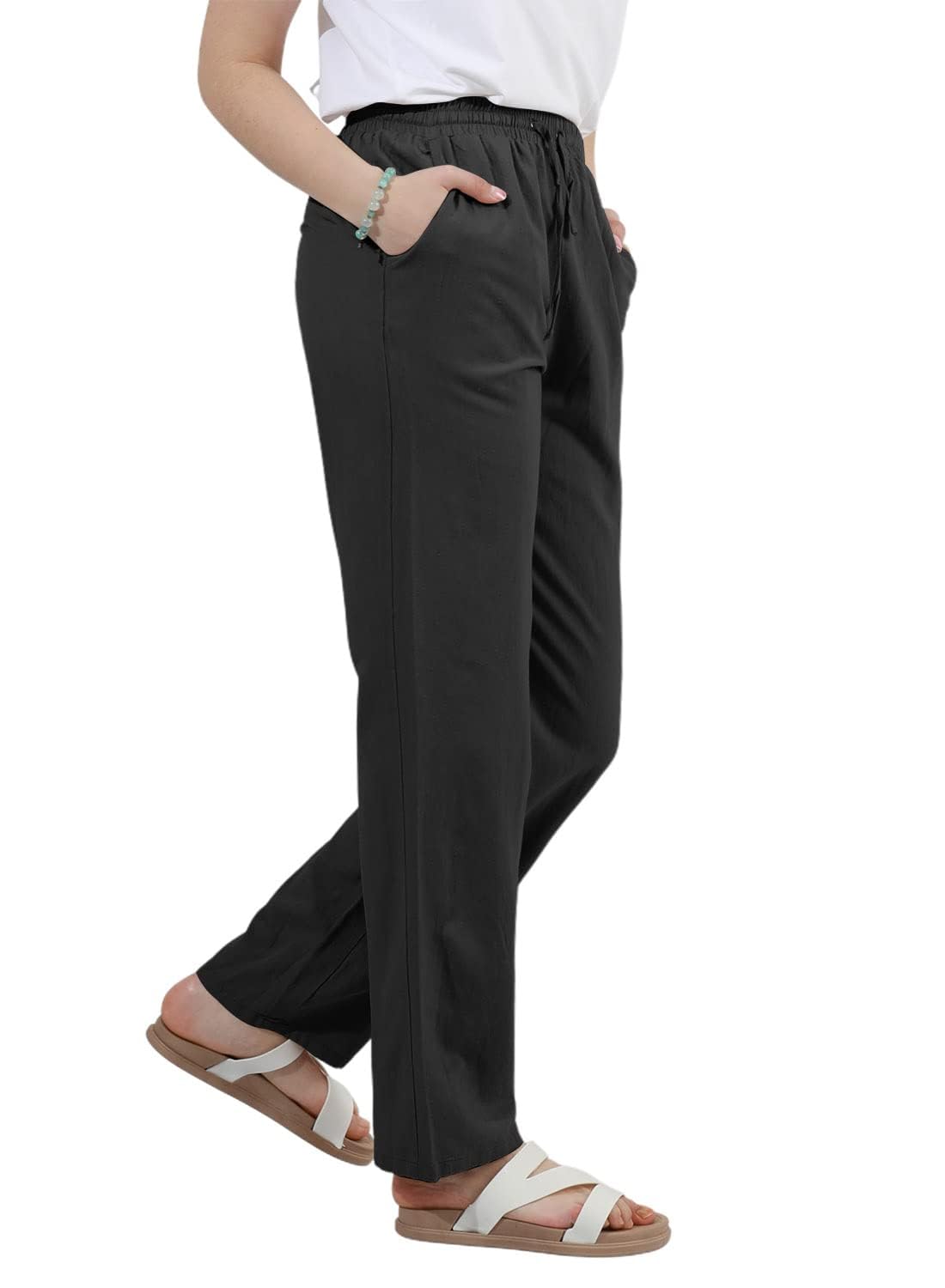 Costaric Women's Fashion Casual Elastic High Waisted Wide Leg Loose Work Long Palazzo Pants Trousers with Pockets XL Black