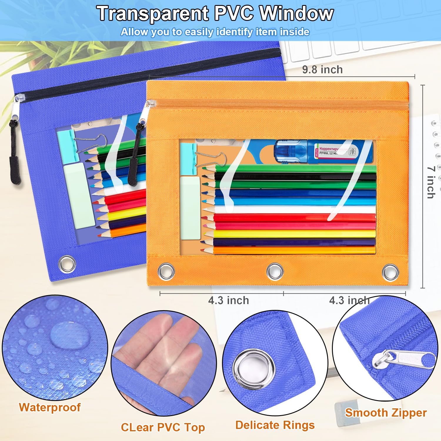 Pencil Pouch for 3 Ring Binder, 10 Pack Zipper Pouches with Clear Window, Oxford Pencil Holder Stationery Organziers Case Bag for School Classroom Supplies