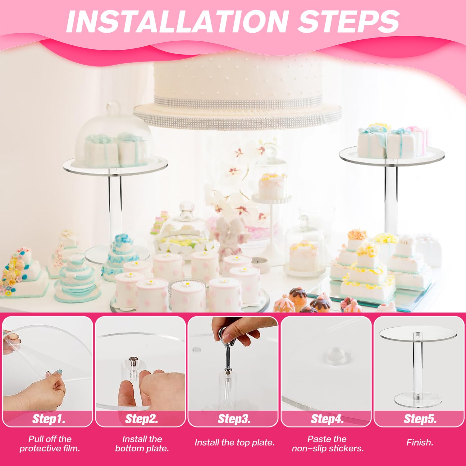 WILLSIN Acrylic Cake Stand, Round Cake Stands for Dessert Table, Clear Cupcake Stand for Birthday Party, Pastry Candy Pizza Display Riser for Wedding Event (Medium)