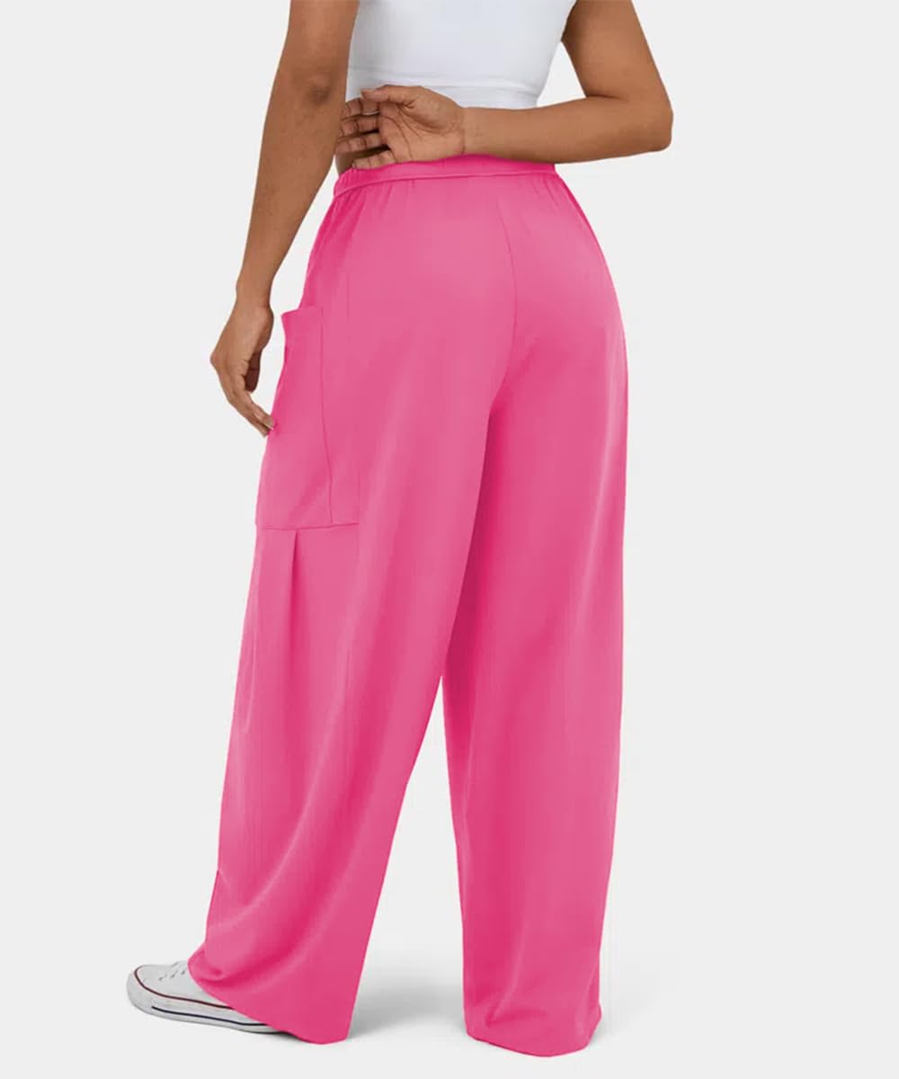 Mincib Women's Elastic Wide Leg Pants High Waisted Casual Loose Flowy Lounge Palazzo Pants Trousers with Side Pockets, Rose, XL