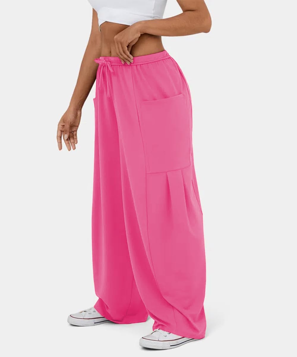 Mincib Women's Elastic Wide Leg Pants High Waisted Casual Loose Flowy Lounge Palazzo Pants Trousers with Side Pockets, Rose, XL