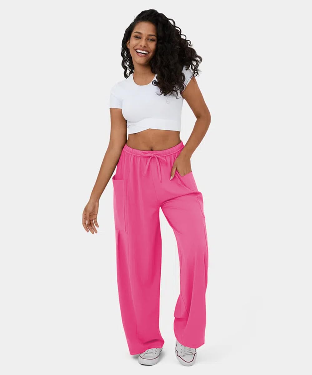 Mincib Women's Elastic Wide Leg Pants High Waisted Casual Loose Flowy Lounge Palazzo Pants Trousers with Side Pockets, Rose, XL