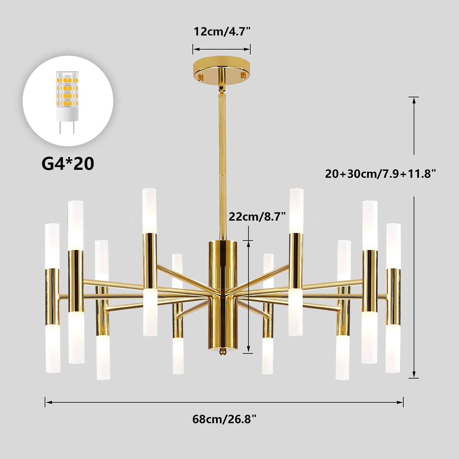 BOKT Modern Small 20-Lights LED Sputnik Chandelier Brushed Brass Gold Sputnik Chandelier Mid Century Modern Globe Wall Sconce Set of Two Plug in Cord Brushed Gold Bathroom Wall Sconce Light