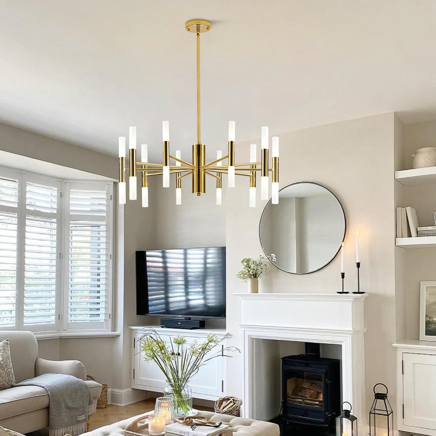 BOKT Modern Small 20-Lights LED Sputnik Chandelier Brushed Brass Gold Sputnik Chandelier Mid Century Modern Globe Wall Sconce Set of Two Plug in Cord Brushed Gold Bathroom Wall Sconce Light