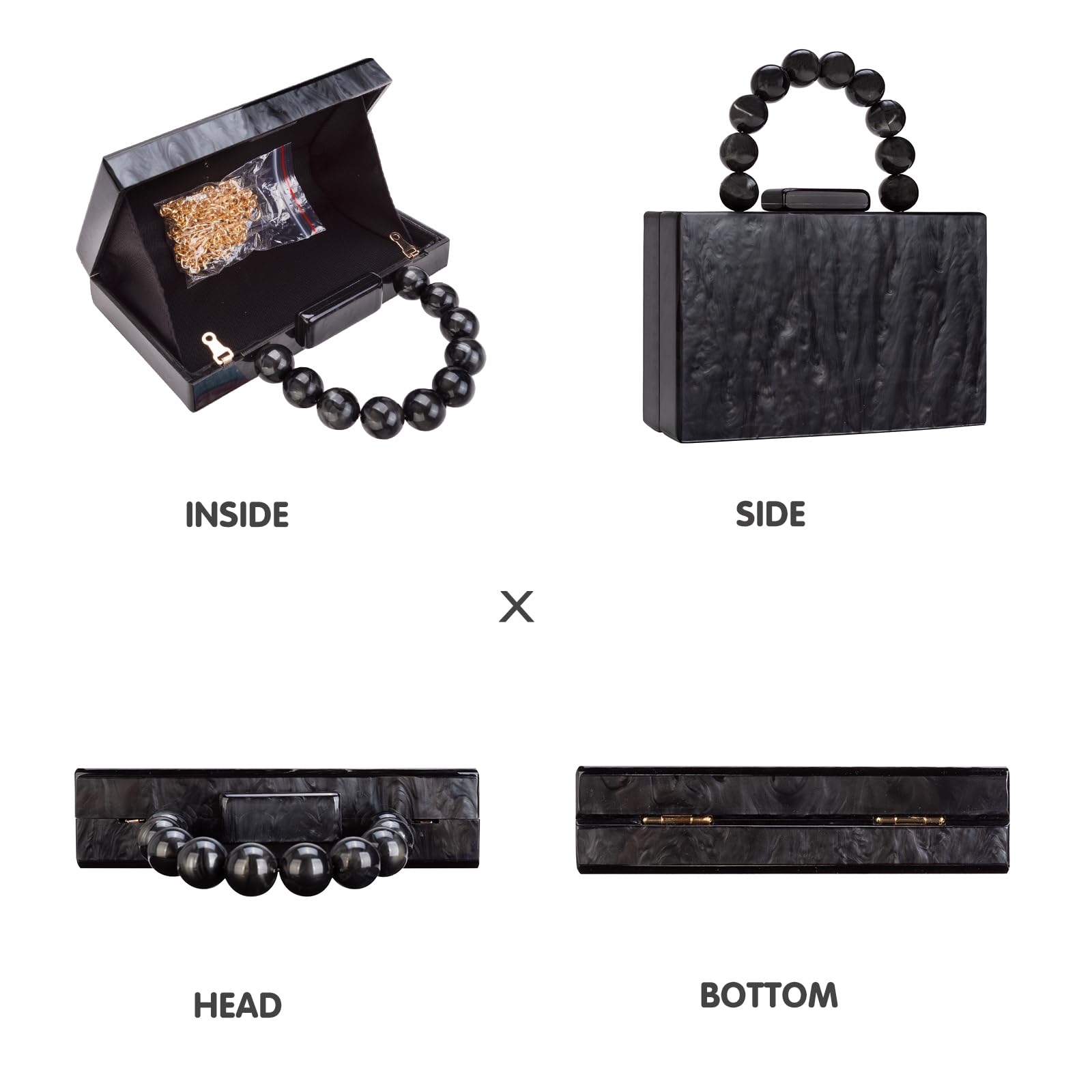 Acrylic Purses Evening Clutch Bag Marbling Handbags for Women Cross Body Bag with Pearl Chain Formal Wedding Prom Party(Black)