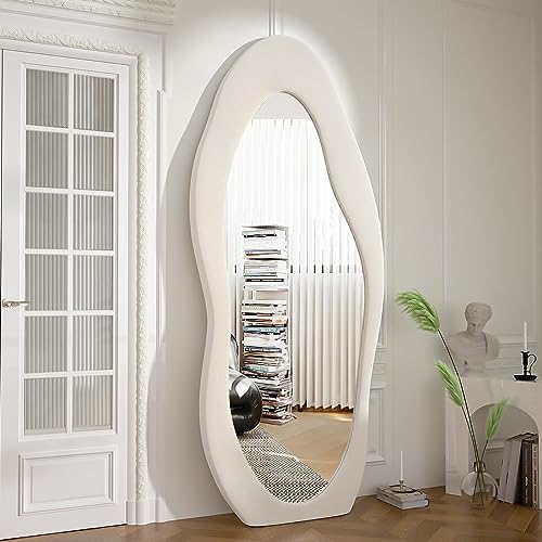 VooBang 63"x24" Mirror Full Length, Flannel Cloud Floor Mirror, Wall Mounted Mirror, Hanging or Leaning Against Wall for Bedroom, Living Room Full Body Mirror, White