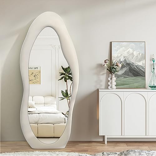 VooBang 63"x24" Mirror Full Length, Flannel Cloud Floor Mirror, Wall Mounted Mirror, Hanging or Leaning Against Wall for Bedroom, Living Room Full Body Mirror, White