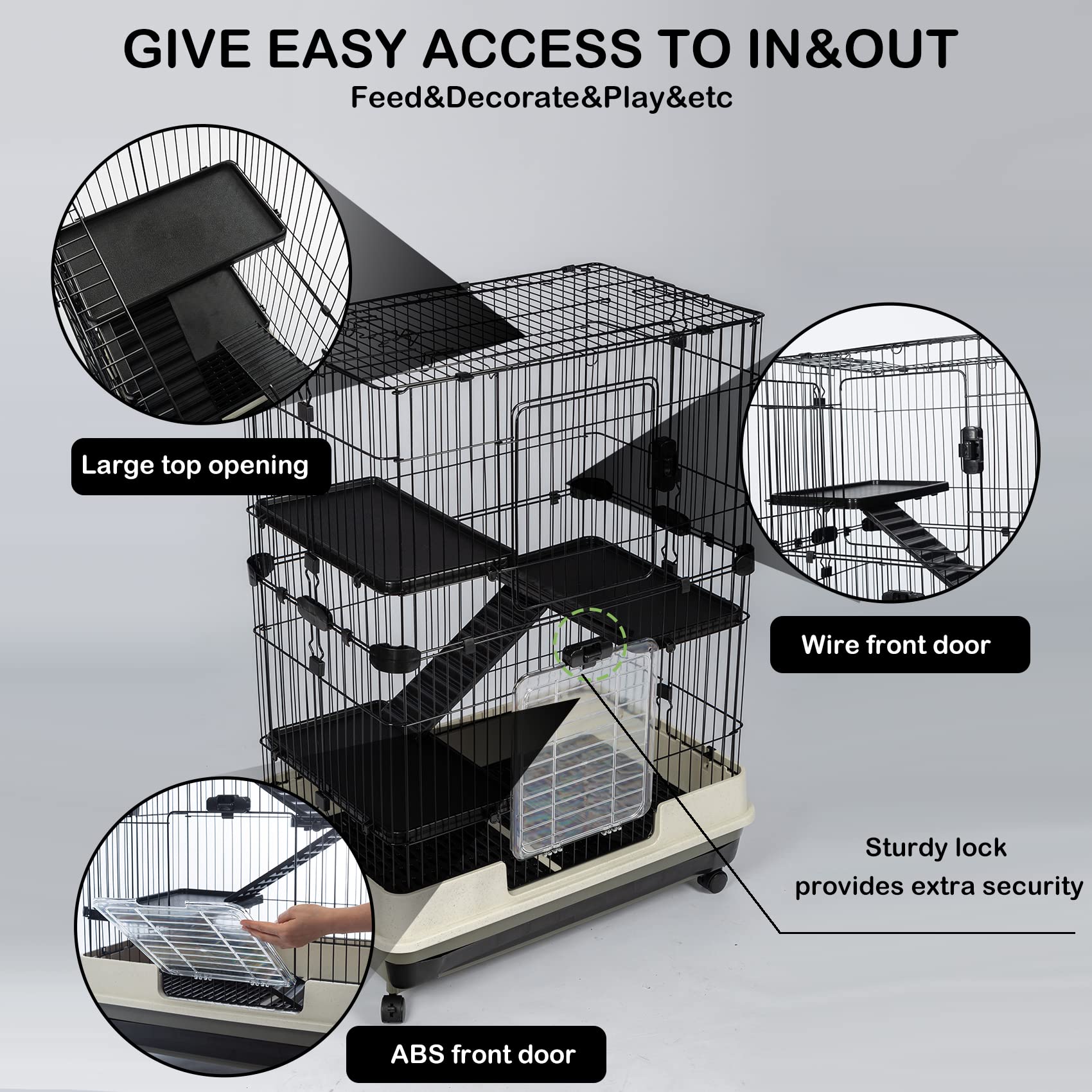 4-Tier 32" Small Animal Cage Metal,Chinchilla Cage Large,Hamster Cage Large,Squirrel Cage,Ferret Cage,Pet Rat Cage,Large Rat Cage,Height Adjustable with Lockable Casters Grilles Pull-Out Tray(Black)