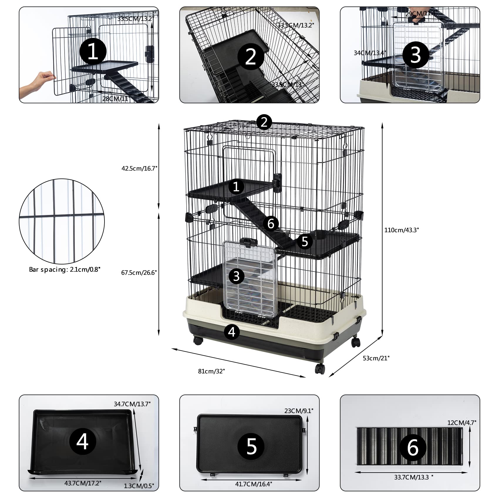 4-Tier 32" Small Animal Cage Metal,Chinchilla Cage Large,Hamster Cage Large,Squirrel Cage,Ferret Cage,Pet Rat Cage,Large Rat Cage,Height Adjustable with Lockable Casters Grilles Pull-Out Tray(Black)