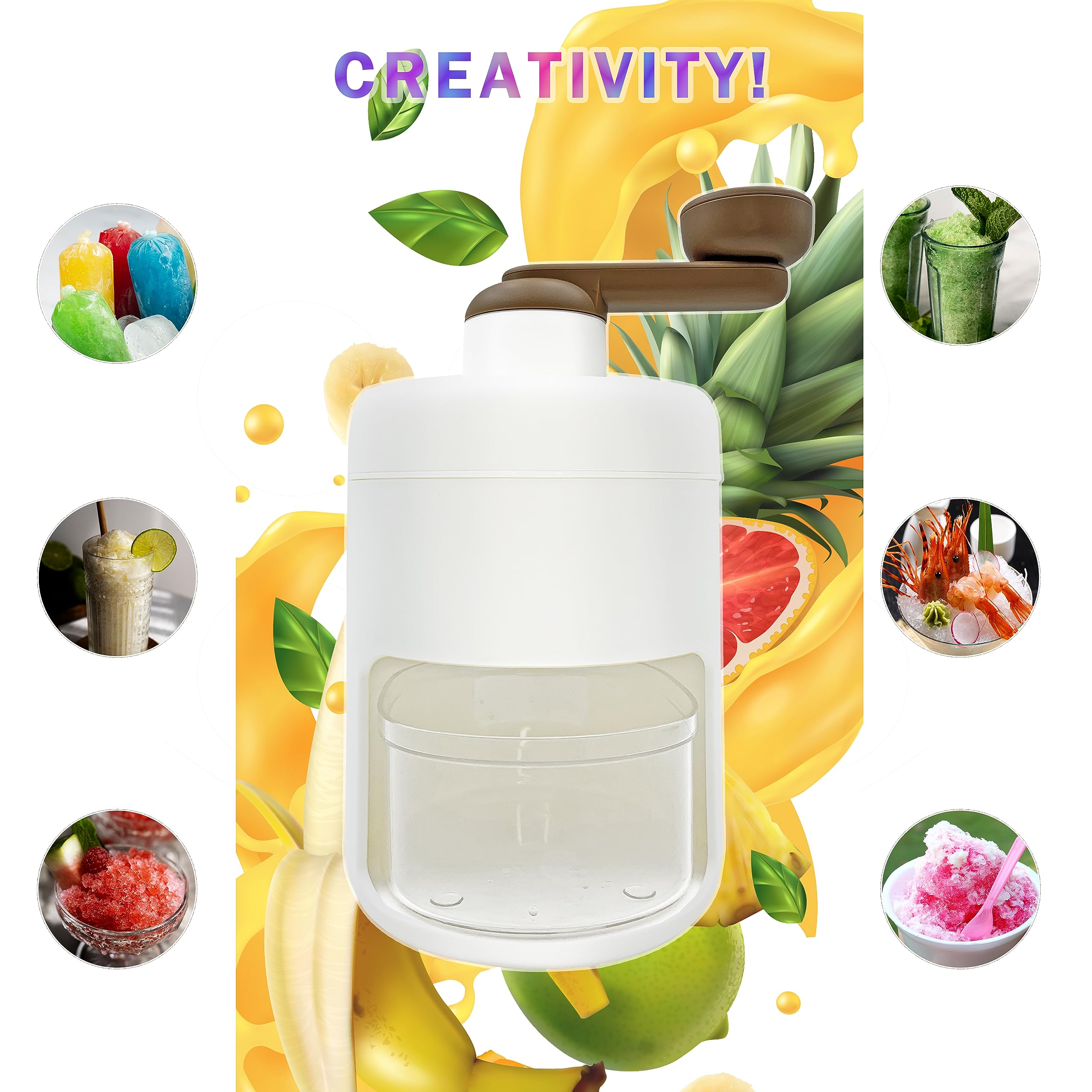 Ice Shaver, snow cone maker, portable crushed shaved ice machine, hand crank,manual ice crusher, small countertop grinder for home use,for kids, free Ice Cube Trays, BPA Free,white