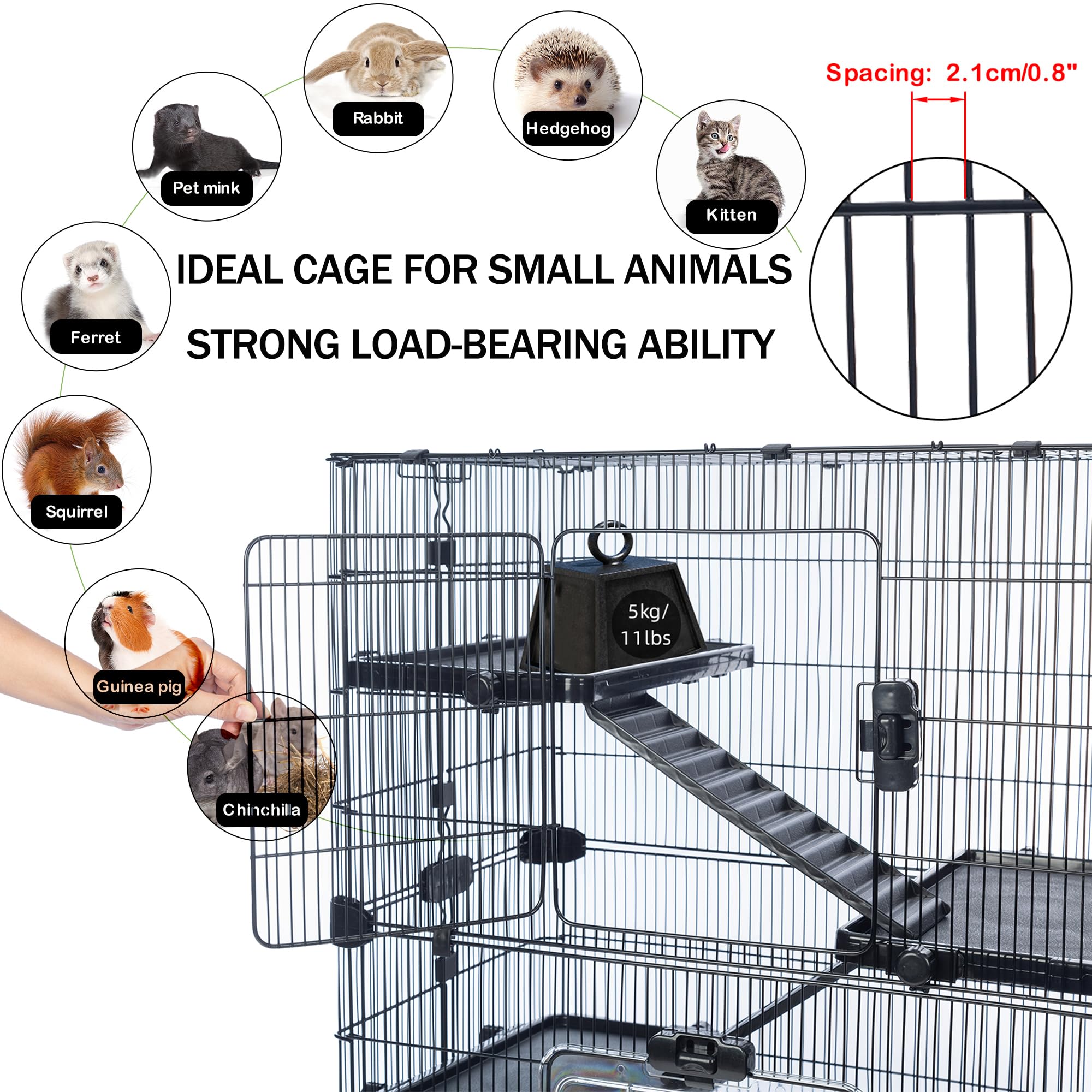 4-Tier 32" Small Animal Cage Metal,Chinchilla Cage Large,Hamster Cage Large,Squirrel Cage,Ferret Cage,Pet Rat Cage,Large Rat Cage,Height Adjustable with Lockable Casters Grilles Pull-Out Tray(Black)