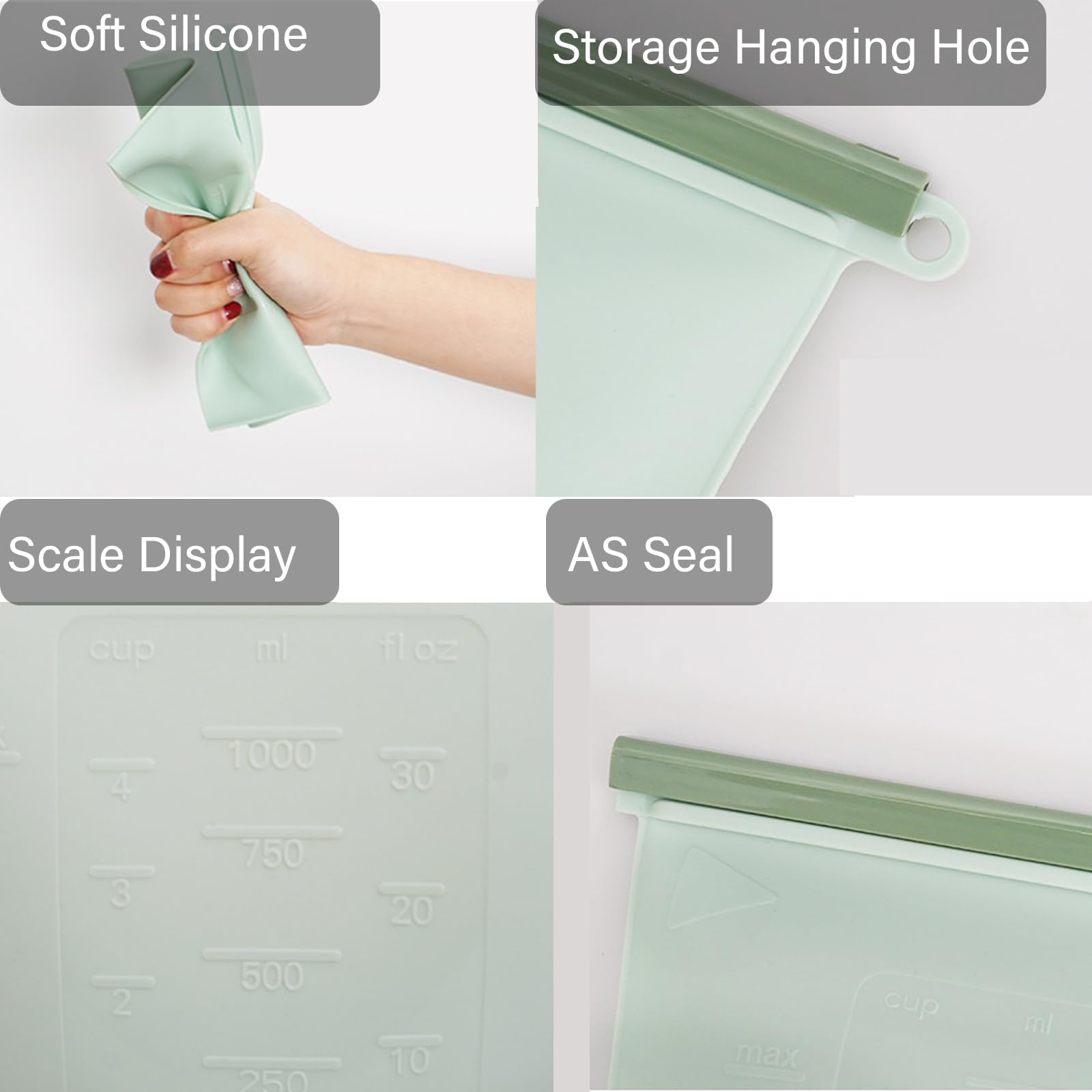 WanLann Reusable Silicone Ziplock Bags -Large Capacity Silicone Ziplock Bag 34OZ Convenient Storage and Microwave Safe (White)