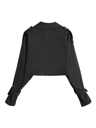Verdusa Women's Button Front Buckle Raglan Sleeve Crop Jacket Trench Coat Black Large