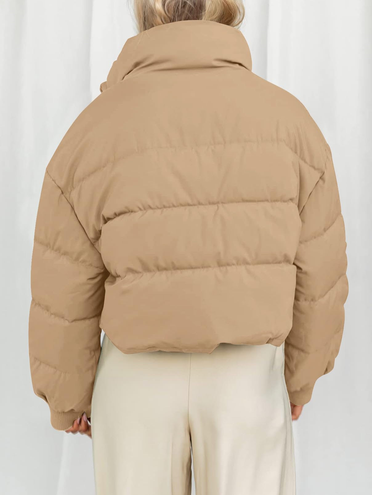 MEROKEETY Women's Winter Cropped Puffer Jacket Long Sleeve Oversized Stand Collar Zip-Up Short Coat