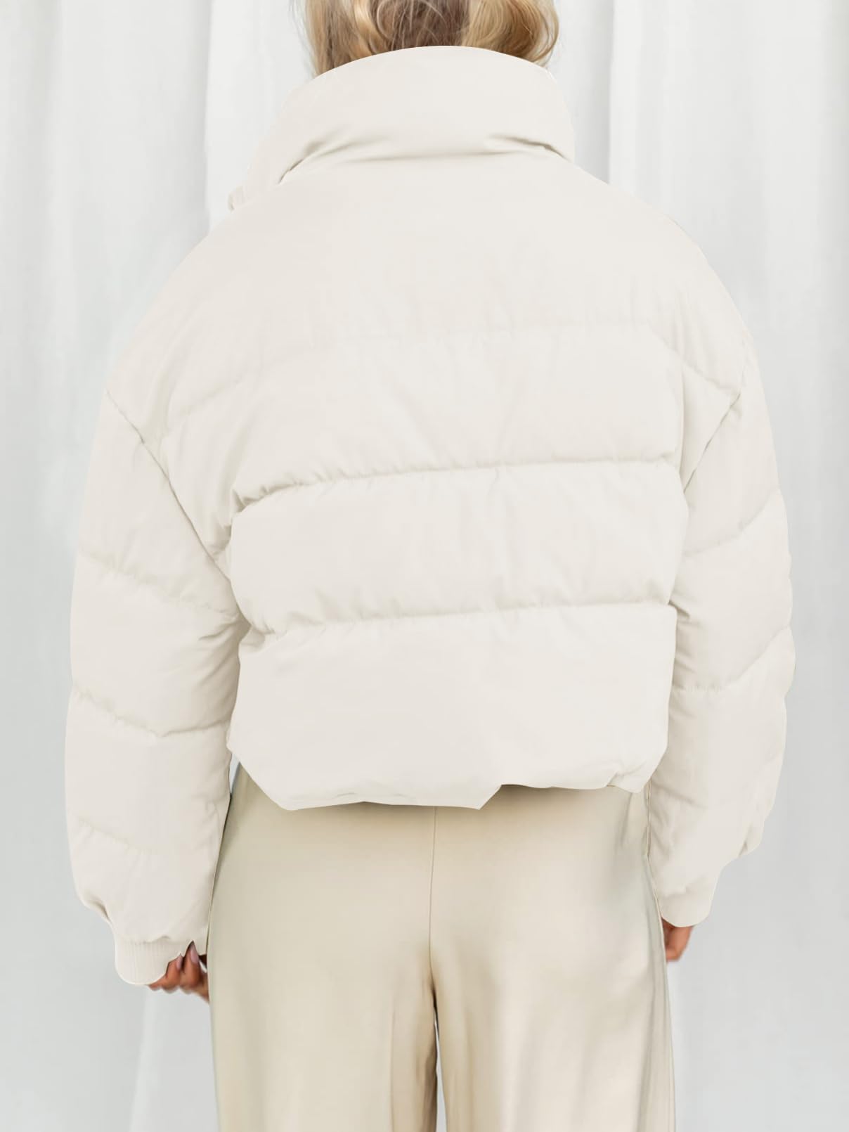 MEROKEETY Women's Winter Cropped Puffer Jacket Long Sleeve Oversized Stand Collar Zip-Up Short Coat