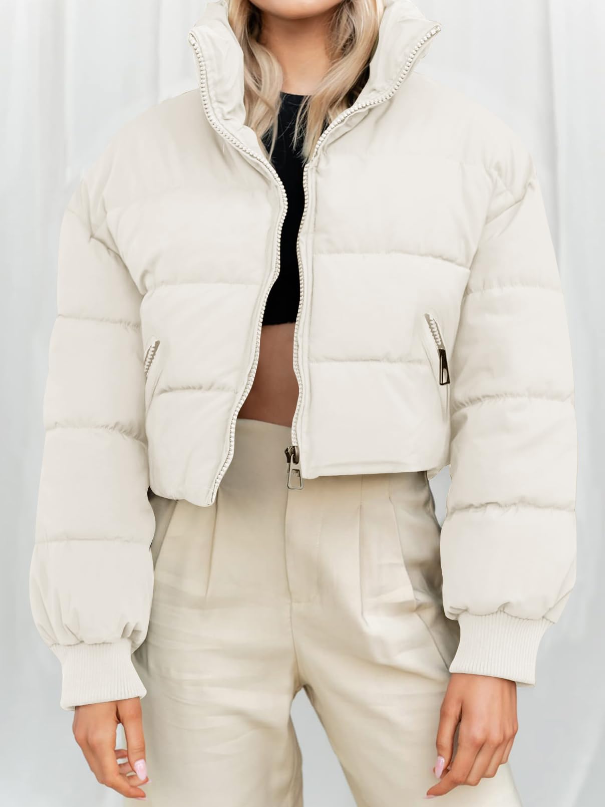 MEROKEETY Women's Winter Cropped Puffer Jacket Long Sleeve Oversized Stand Collar Zip-Up Short Coat