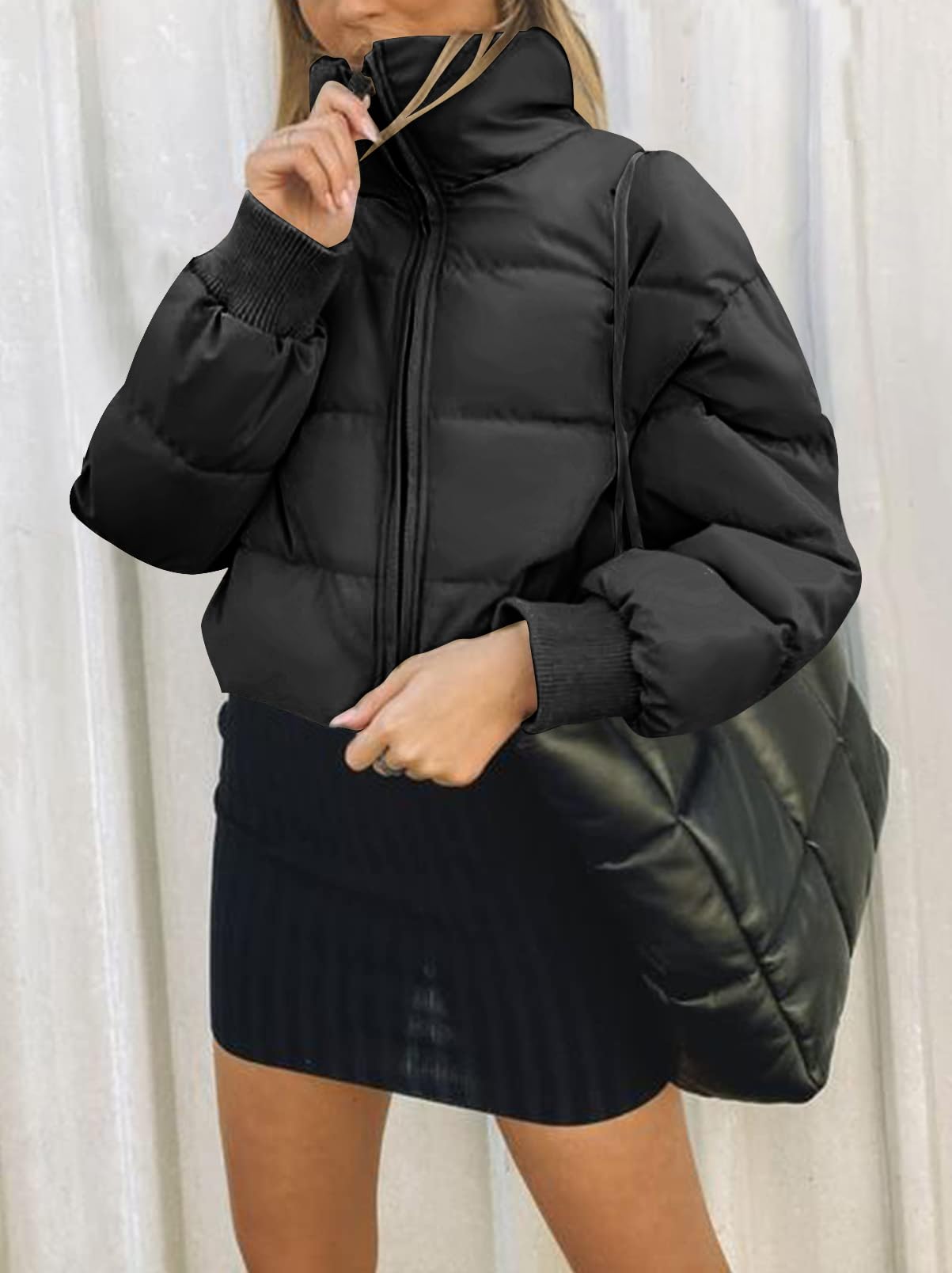 MEROKEETY Women's Winter Cropped Puffer Jacket Long Sleeve Oversized Stand Collar Zip-Up Short Coat
