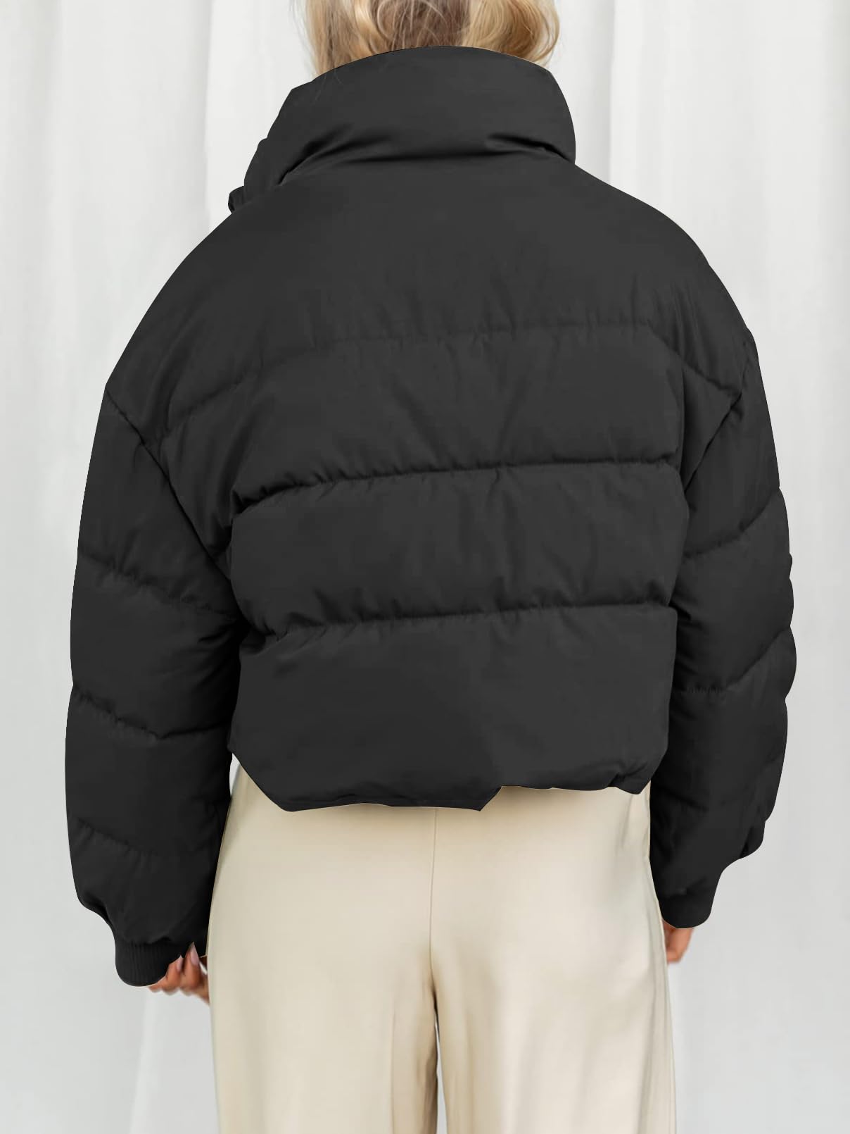 MEROKEETY Women's Winter Cropped Puffer Jacket Long Sleeve Oversized Stand Collar Zip-Up Short Coat