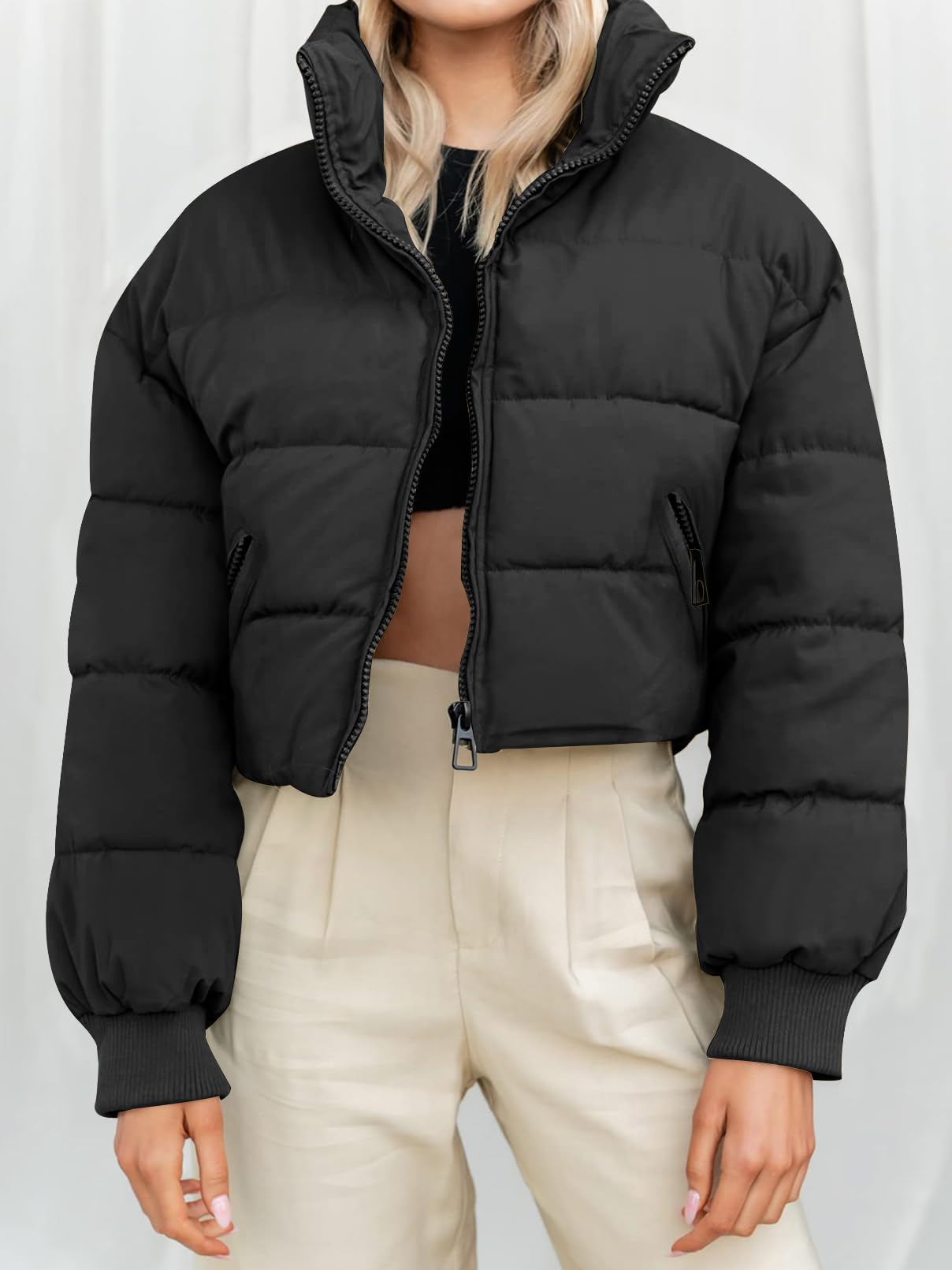 MEROKEETY Women's Winter Cropped Puffer Jacket Long Sleeve Oversized Stand Collar Zip-Up Short Coat