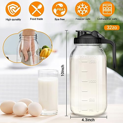 Nevfiro Mason Jar Pitcher with Pour Spout Handle Lid, 2Pack 32OZ Thick Glass Pitcher with Lid, Leak-proof Glass Pitcher Wide Mouth for Brew Coffee, Ice Beverage, Juice, Lemonade, Sun Tea, Fruit Drink