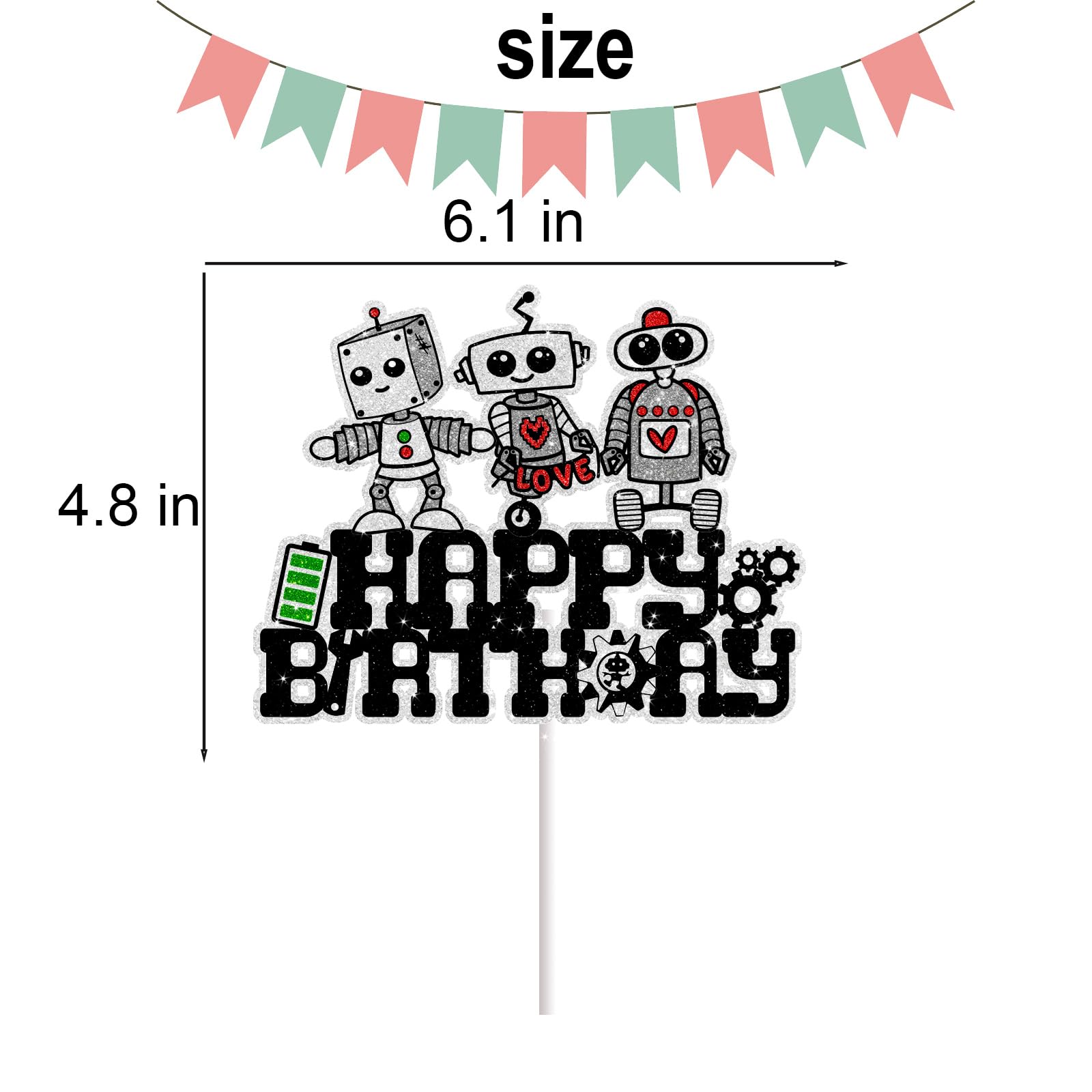 Robot Cake Topper for Boys Girls Robot Birthday Theme Party Supplies Glitter Machine Robot Party Cake Decorations Glitter Space Alien cake Decorations