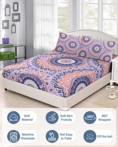 Fitted Sheet Twin XL Size Bed Sheets with Deep Pocket,Indian Mandala Abstract Floral Brushed Microfiber Hotel Bed Sheet with Pillow Case,Ethnic Style Circle Line Block Mattress Cover with Elastic
