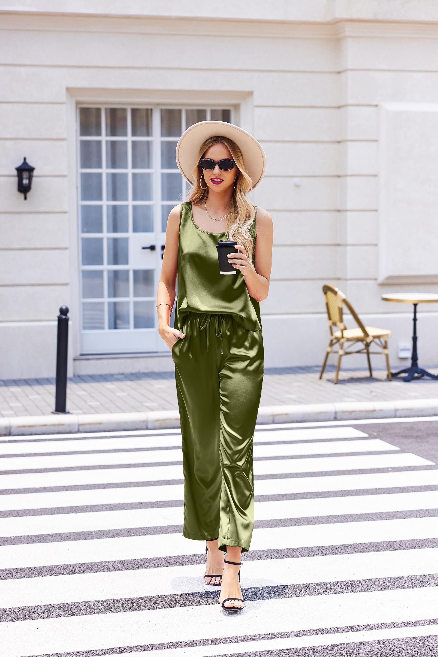 Ekouaer Womens Satin Pajamas Set Back Split Top and Long Pant Silk Pj Set Tank Sleepwear S-XXL Army Green