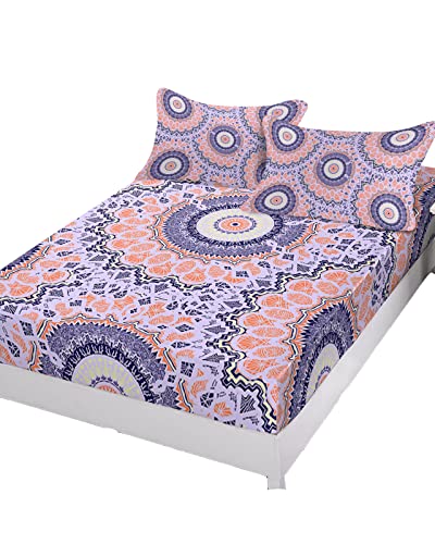 Fitted Sheet Twin XL Size Bed Sheets with Deep Pocket,Indian Mandala Abstract Floral Brushed Microfiber Hotel Bed Sheet with Pillow Case,Ethnic Style Circle Line Block Mattress Cover with Elastic