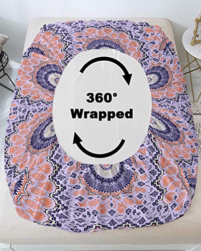 Fitted Sheet Twin XL Size Bed Sheets with Deep Pocket,Indian Mandala Abstract Floral Brushed Microfiber Hotel Bed Sheet with Pillow Case,Ethnic Style Circle Line Block Mattress Cover with Elastic