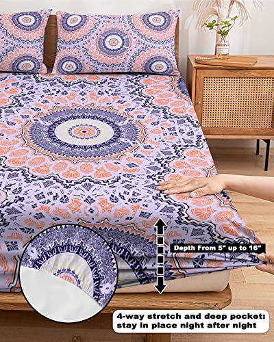 Fitted Sheet Twin XL Size Bed Sheets with Deep Pocket,Indian Mandala Abstract Floral Brushed Microfiber Hotel Bed Sheet with Pillow Case,Ethnic Style Circle Line Block Mattress Cover with Elastic