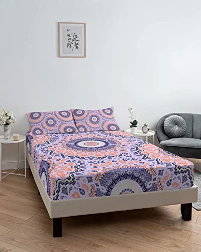 Fitted Sheet Twin XL Size Bed Sheets with Deep Pocket,Indian Mandala Abstract Floral Brushed Microfiber Hotel Bed Sheet with Pillow Case,Ethnic Style Circle Line Block Mattress Cover with Elastic