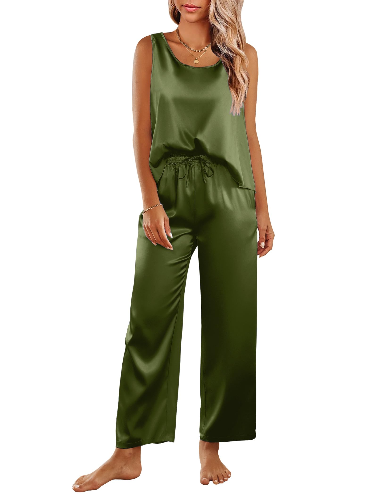 Ekouaer Womens Satin Pajamas Set Back Split Top and Long Pant Silk Pj Set Tank Sleepwear S-XXL Army Green