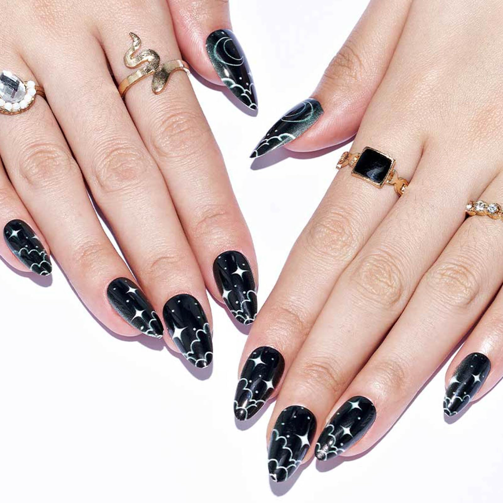 GLAMERMAID Winter Press on Nails Almond,Black Gel False Nails with tree Design,24 PCS Glue on Nails,Reusable Acrylic Stick on Nails Tips Manicure Set for Women Girls Gift