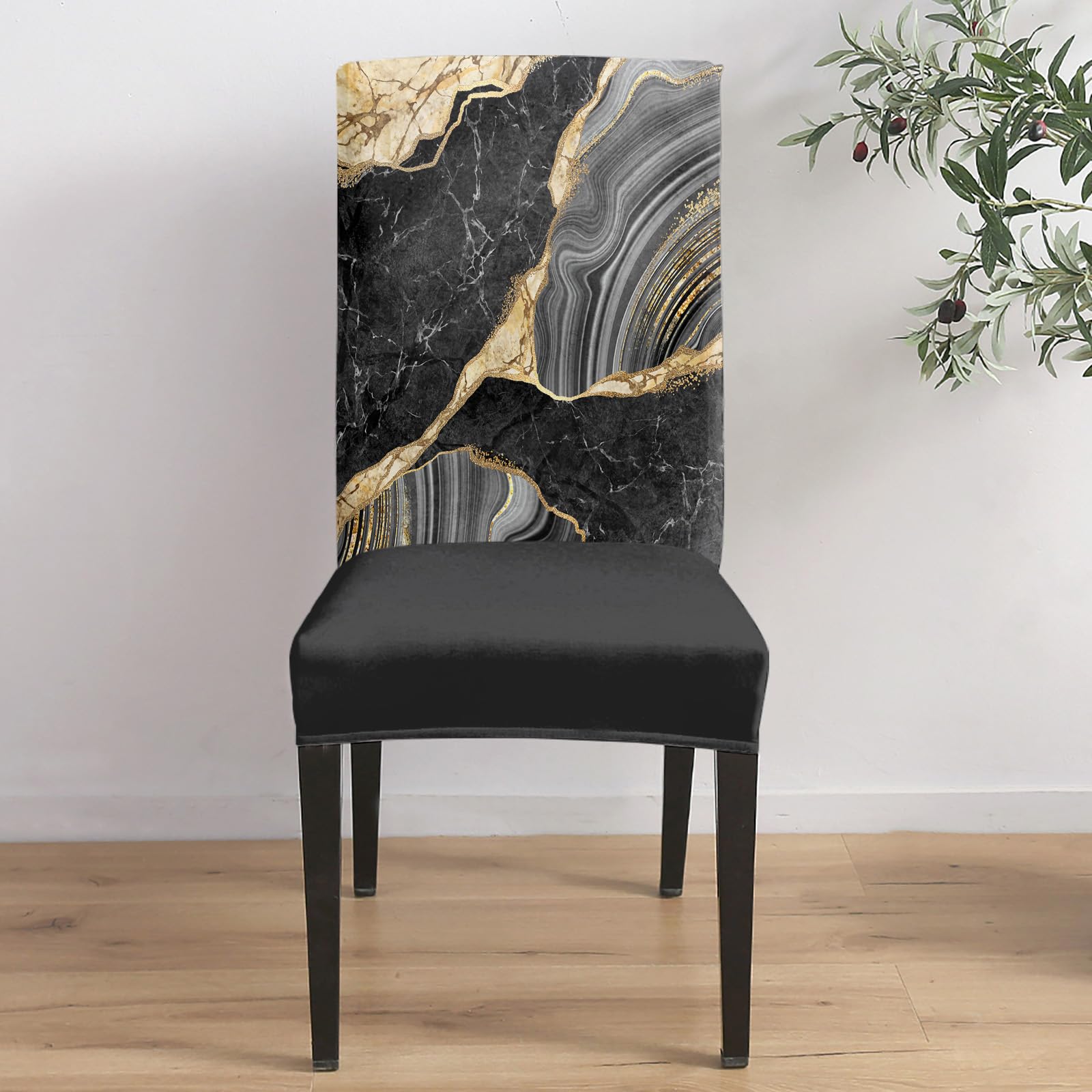 Chair Protector Seat Covers Black Marble Texture Gold Powder Stretch Removable Dining Room Chair Cover Set of 4,Gray Gradient Abstract Liquid Art Slipcovers for Kitchen Party Hotel Wedding